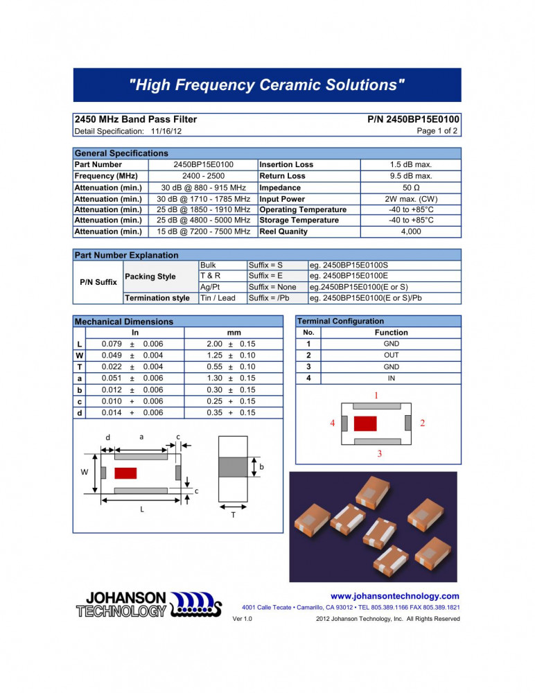 2450 MHz ceramic band-pass filter specification, page 1