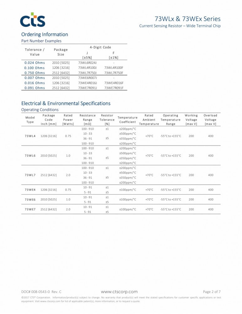 CTS 73WEx datasheet page 2