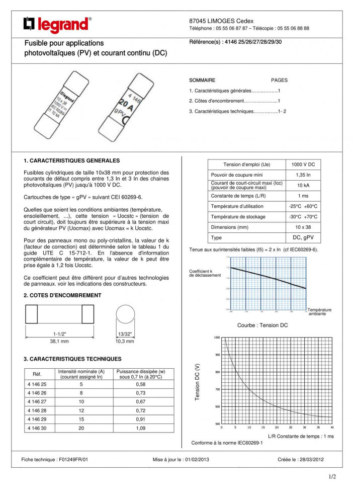 Legrand 4146 series PV and DC fuse technical documentation page