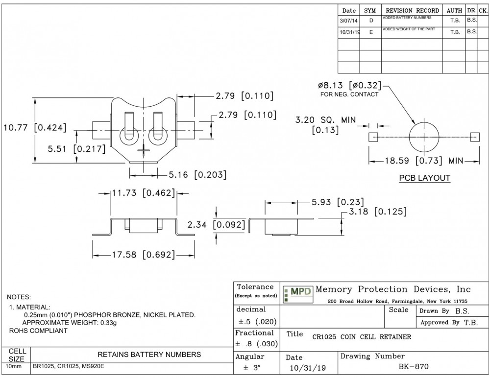 MPD BK-870 coin cell retainer technical drawing