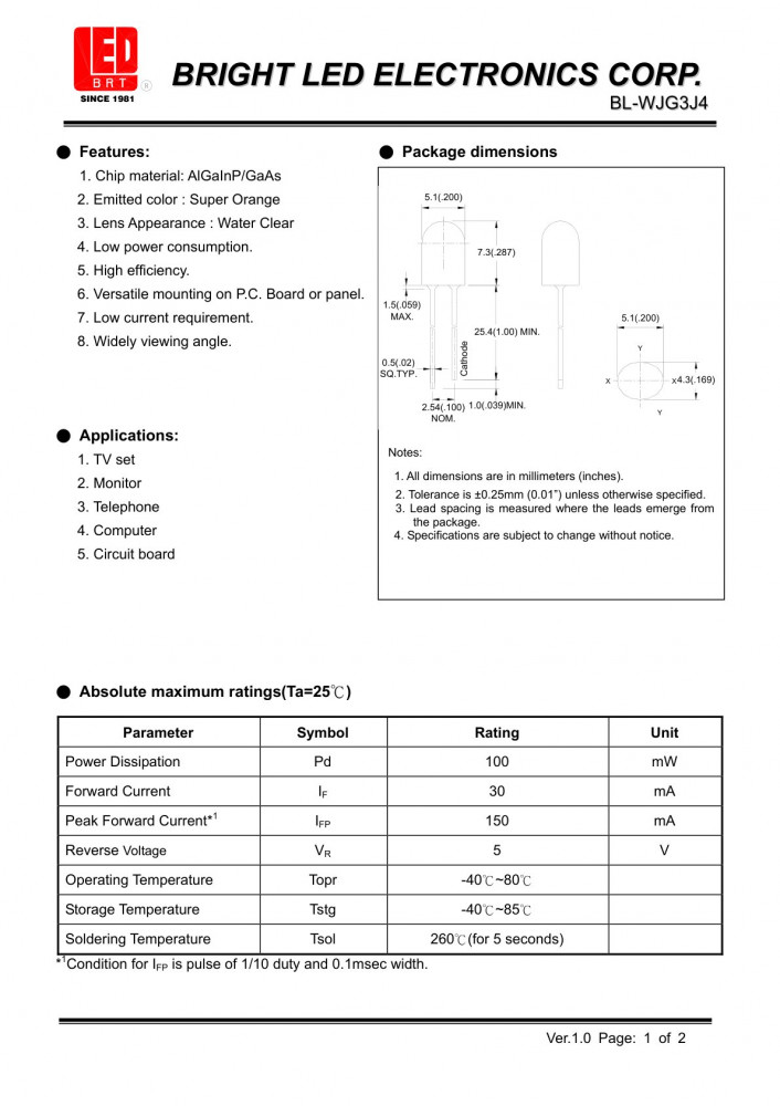 BL-WJG3J4 datasheet page 1