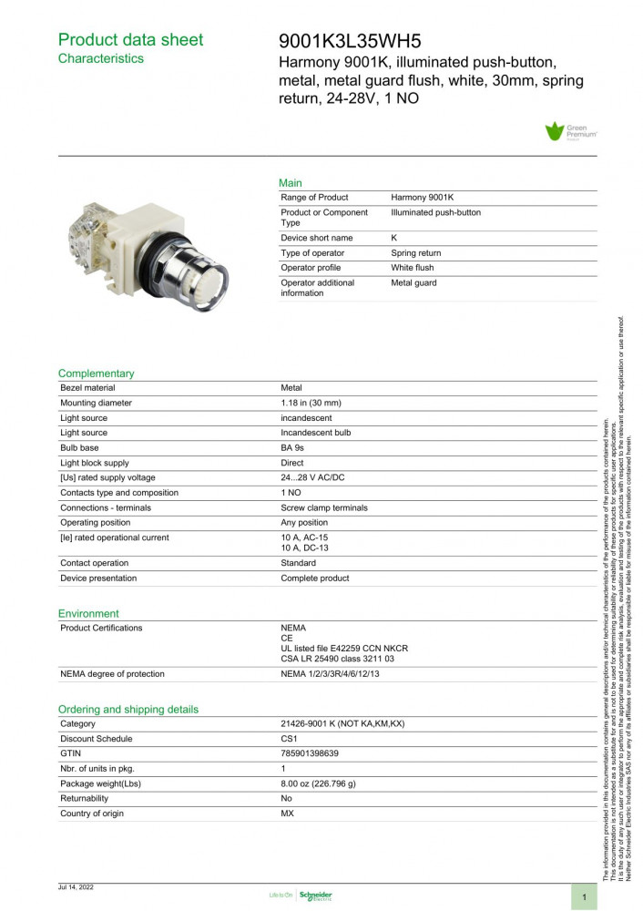 9001K3L35WH5 technical document page 1