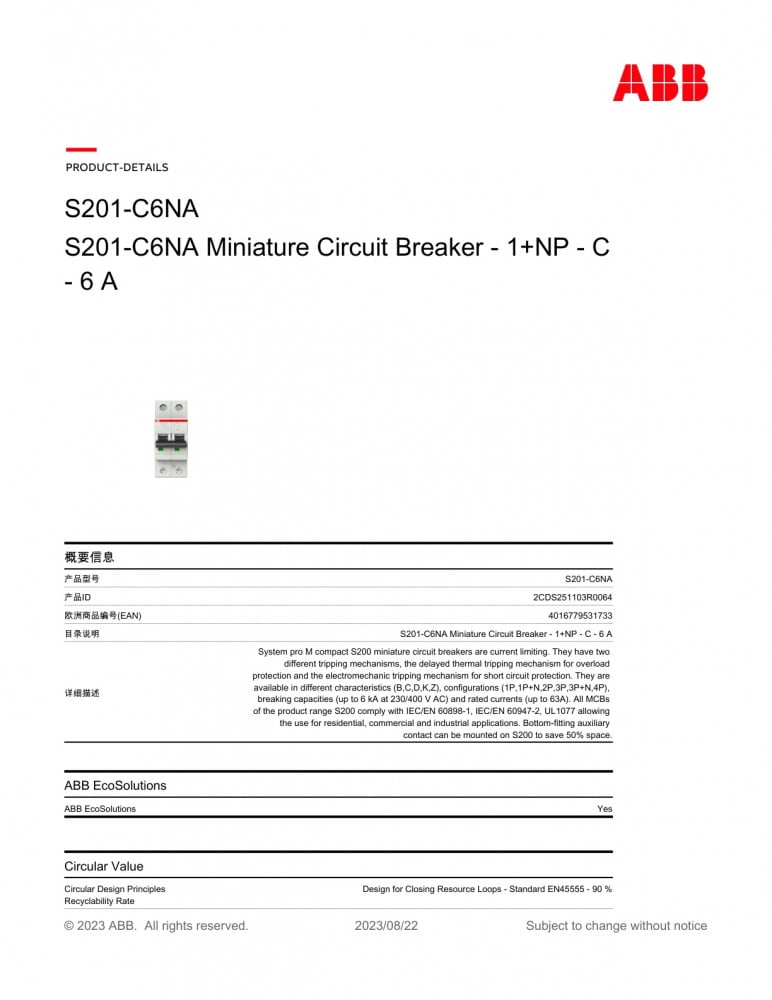 ABB S201-C6NA technical document page 1