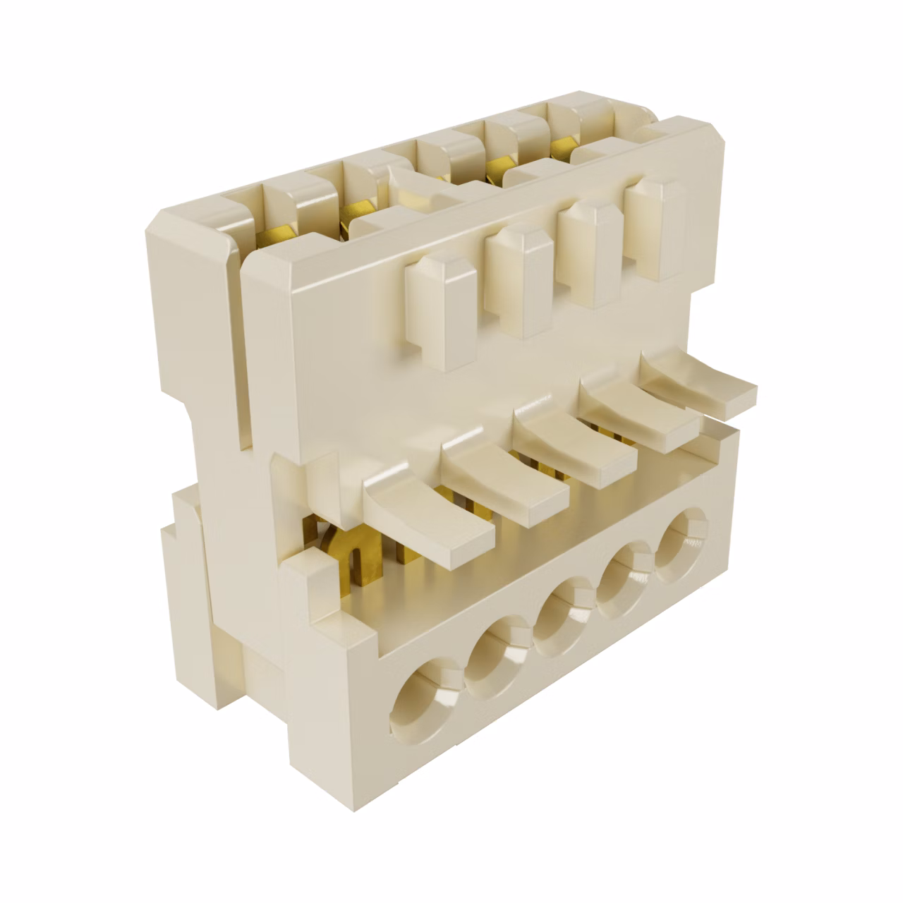 Appli-Mate RAST 2.5 Connector, 2.50mm Pitch, Female, 5 Circuits, Positions A and F Removed, Polarizing Rib Between 2/3, Locking Pips, Slotted Endwalls, Gold Plating for sale
