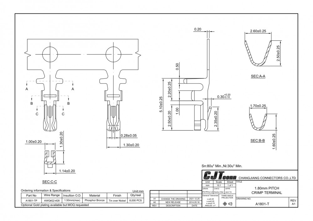 A1801-TP 1.80 mm pitch crimp terminal drawing preview