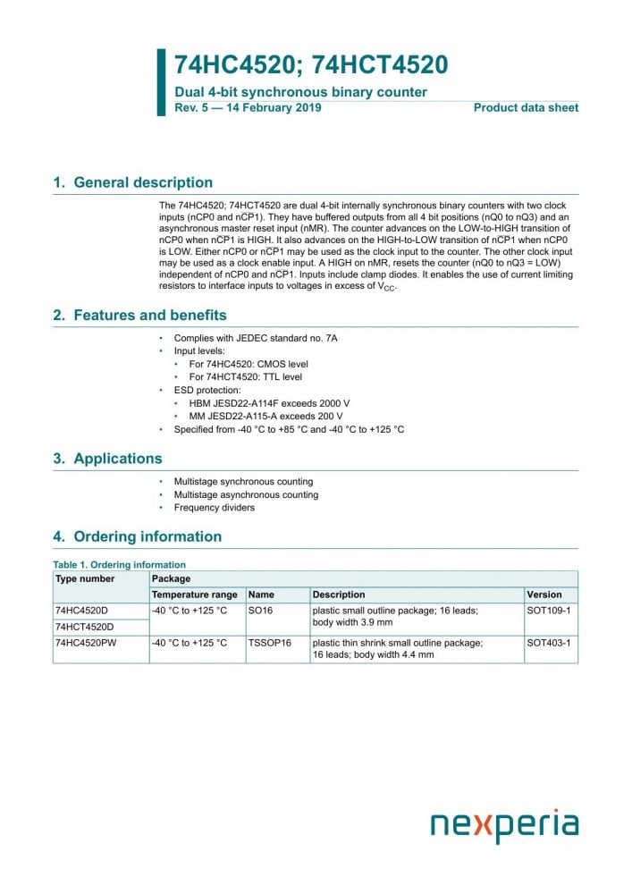 74HC4520 datasheet page 1