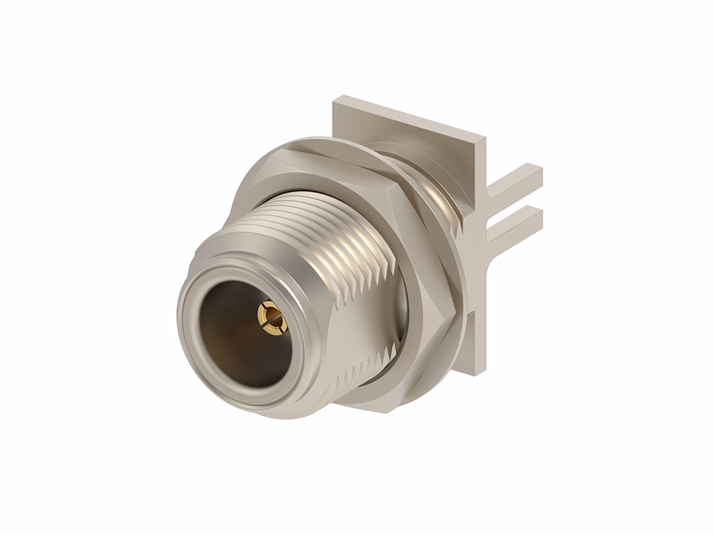 N Jack, Straight, Bulkhead Receptacle, PCB, Edge Mount, with Jam Nut and Lockwasher, Brass Body, Nickel (Ni) Plated, Tray, 50 Ohms
