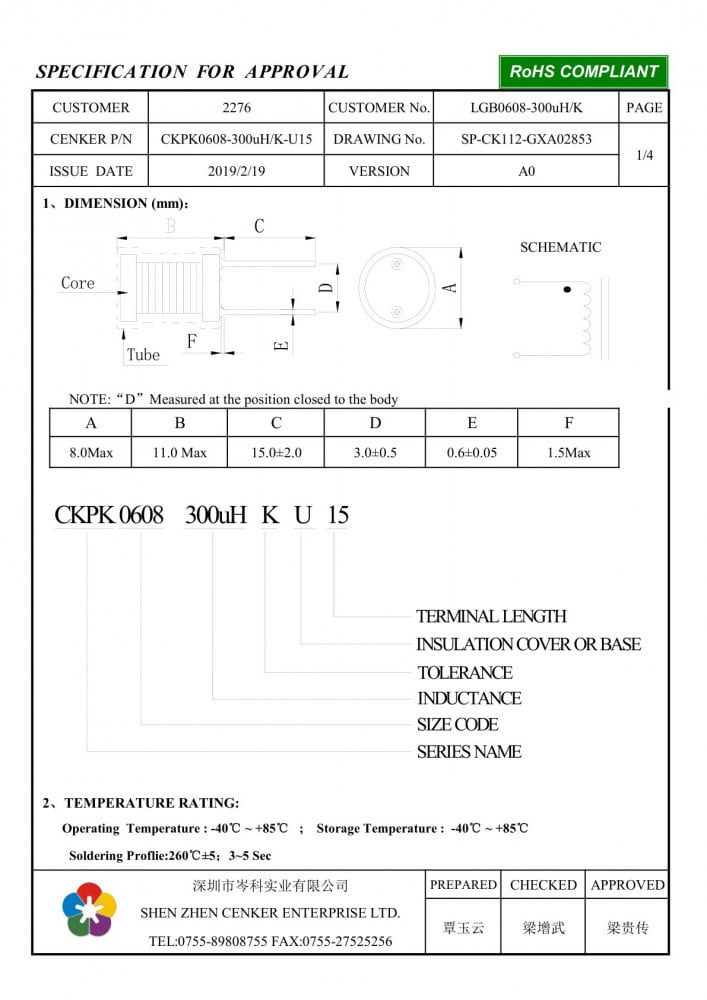 CKPK0608-300uH/K-U15 electrical requirements