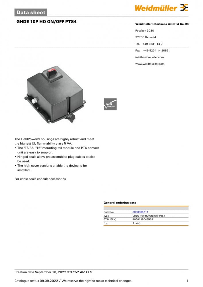 WEIDMULLER 8000005211 technical document page 1