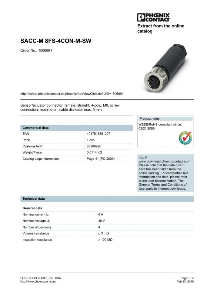 Phoenix Contact 1506891 catalog page
