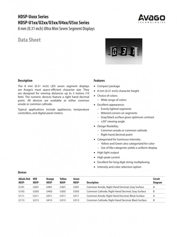 HDSP-U211 datasheet page 1