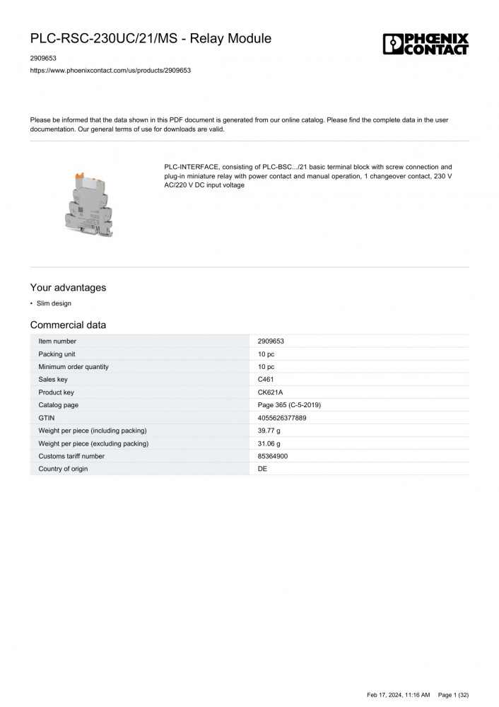 Phoenix Contact 2909653 document page 1