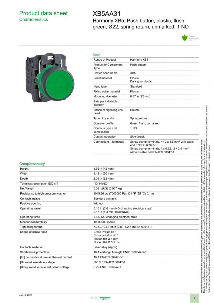 XB5AA31 technical document page 1