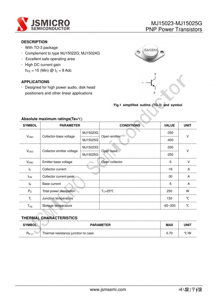 MJ15023G-JSM technical document page 1