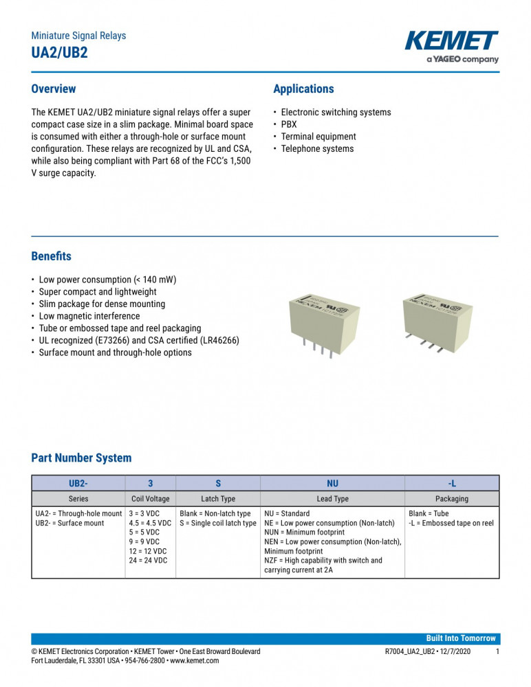 KEMET UB2-12NU datasheet page 1