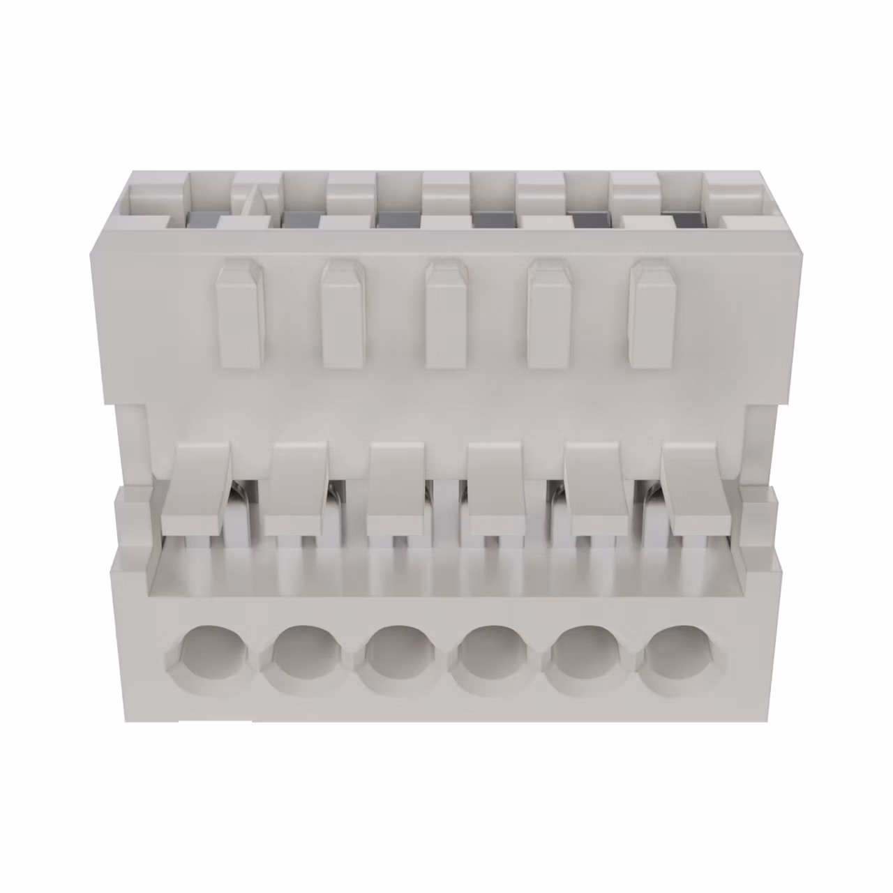 Appli-Mate RAST 2.5 IDT Housing, 2.50mm Pitch, Female, 6 Circuits, Beaded Terminal, Position Keys A & G Removed, Slotted Endwalls, Polarizing Rib Between Circuits 1 & 2 for sale