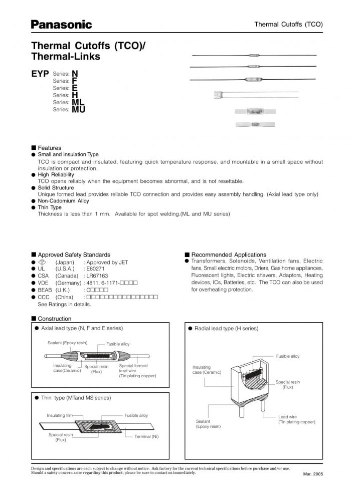 PANASONIC Thermal Cutoffs datasheet page 1