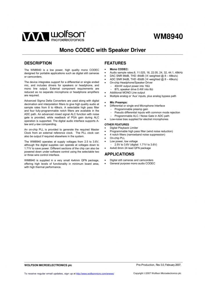 WM8940 datasheet page 1