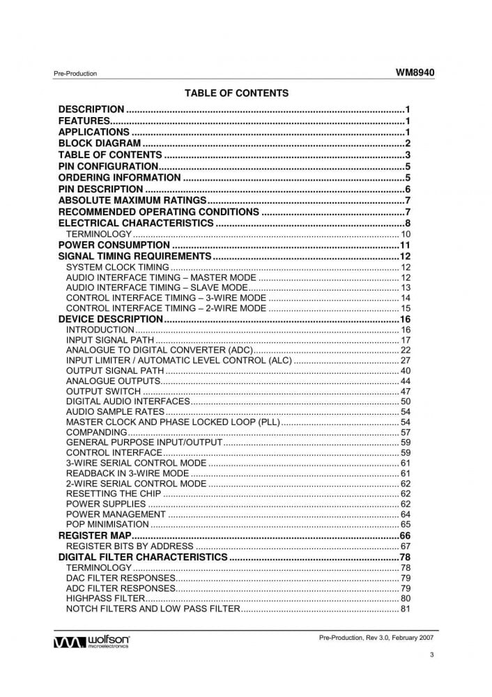 WM8940 datasheet page 3