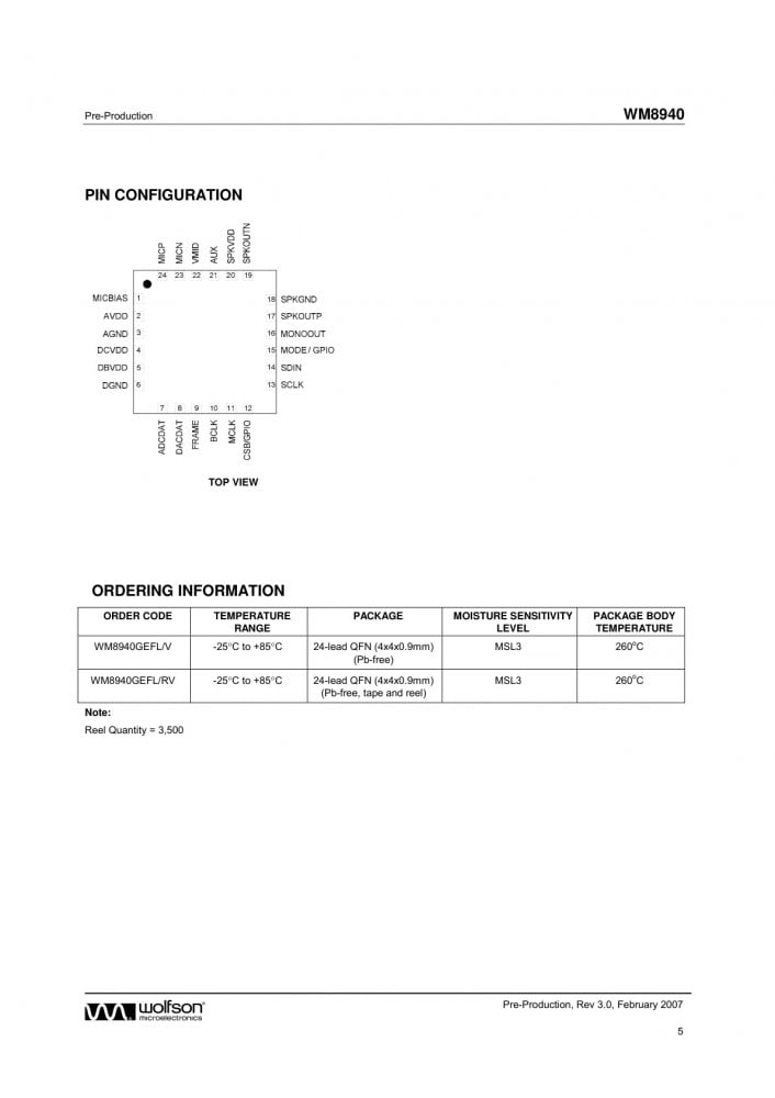 WM8940 datasheet page 5