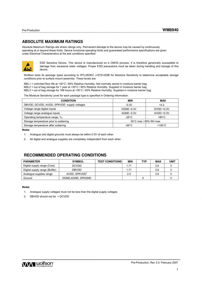 WM8940 datasheet page 7