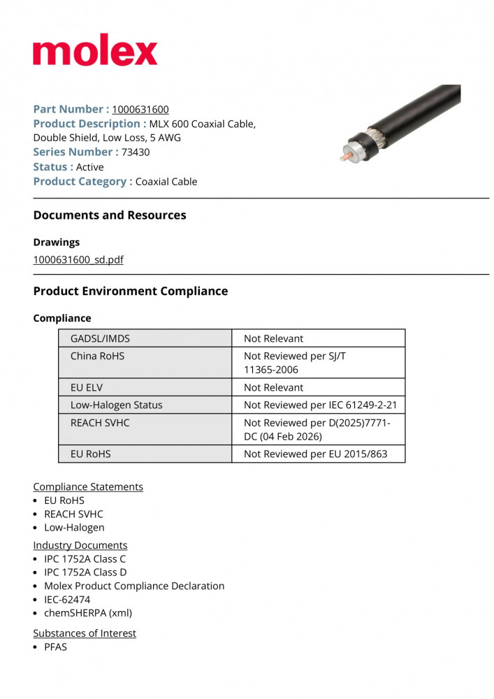 Molex MLX 600 coaxial cable document page 1