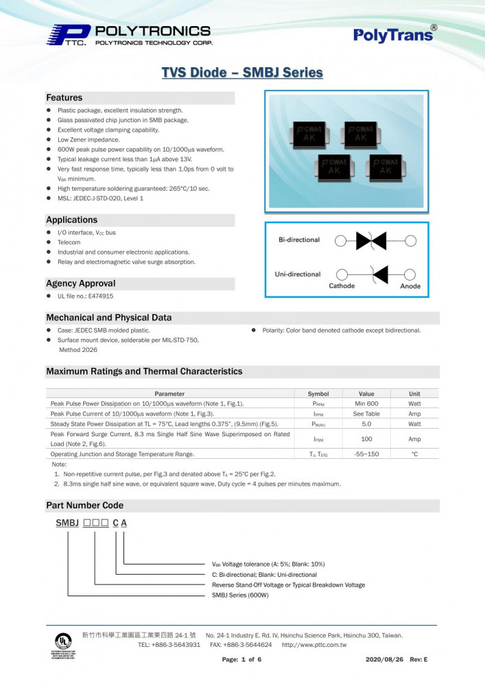 PTTC SMBJ Series datasheet page 1