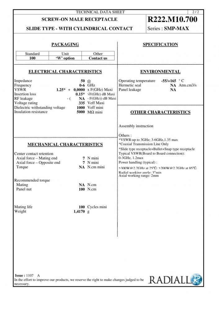 Radiall R222M10700 technical document, page 2