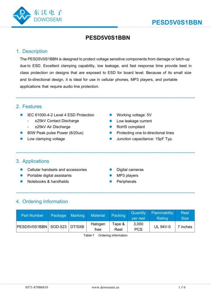 PESD5V0S1BBN-DW datasheet page 1
