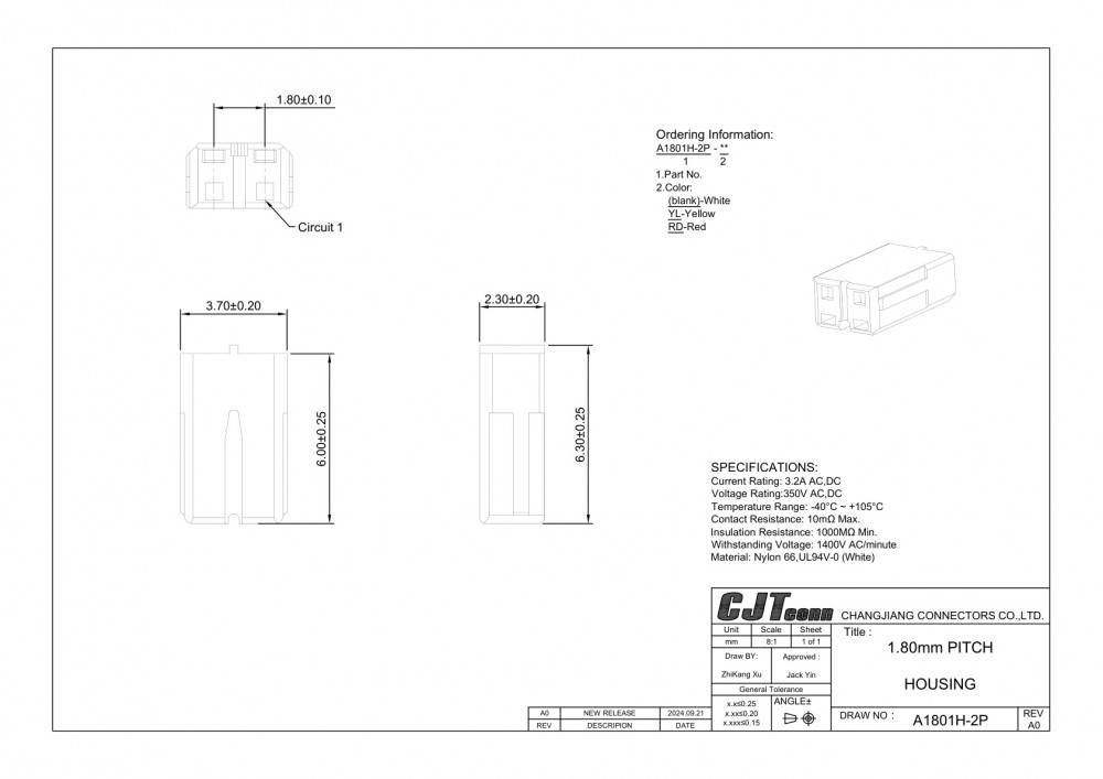 CJT A1801H-2P 1.80 mm pitch housing product drawing