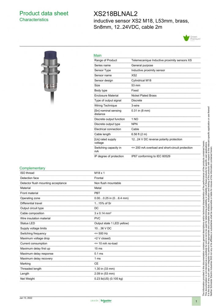 XS218BLNAL2 technical document page 1