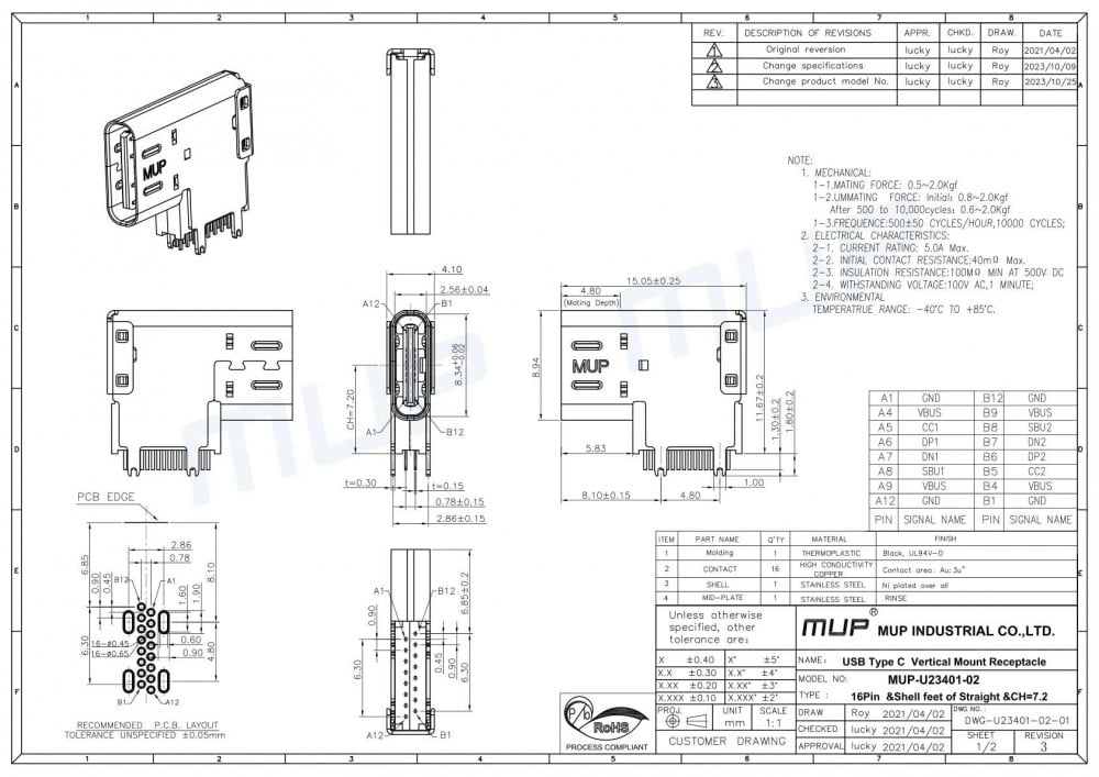 MUP U23401-02 product drawing page 1