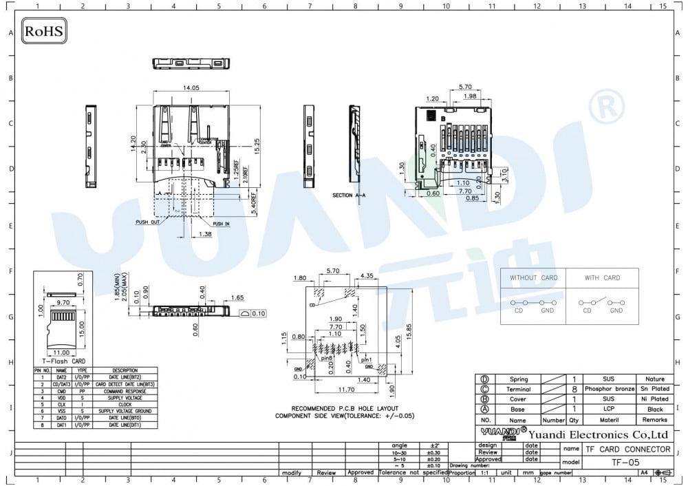 Yuandi TF-05 TF card connector drawing