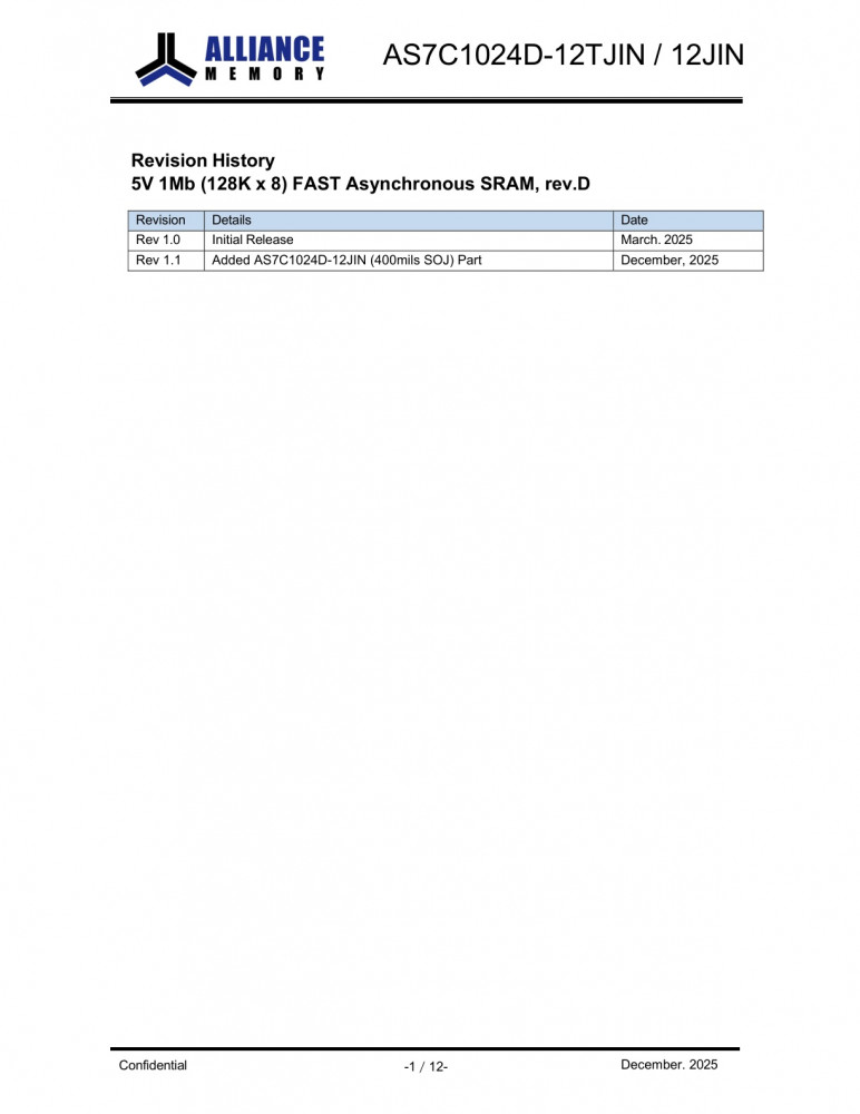 AS7C1024D datasheet page 1