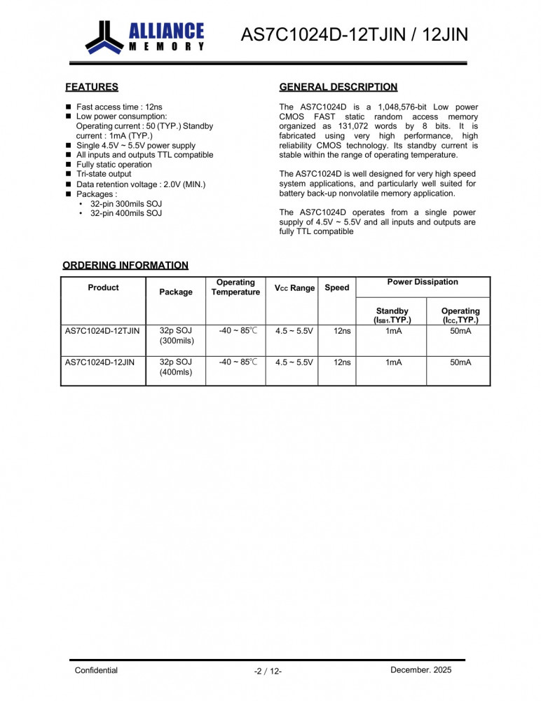AS7C1024D datasheet page 2