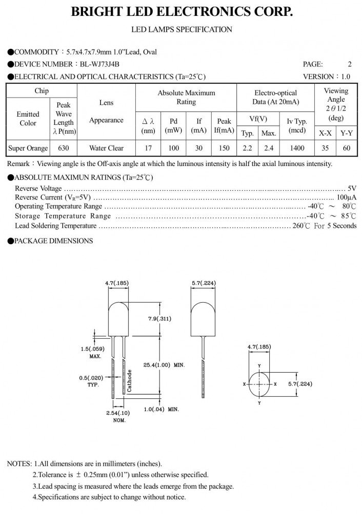 BL-WJ73J4B datasheet page showing electrical and optical characteristics, absolute maximum ratings, and package dimensions