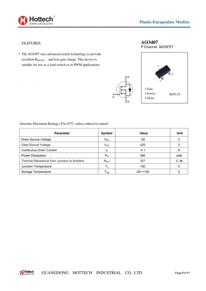 AO3407 datasheet page 1