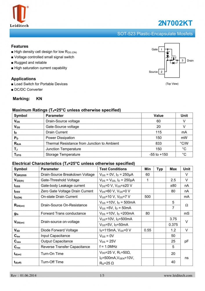 2N7002KT datasheet page 1