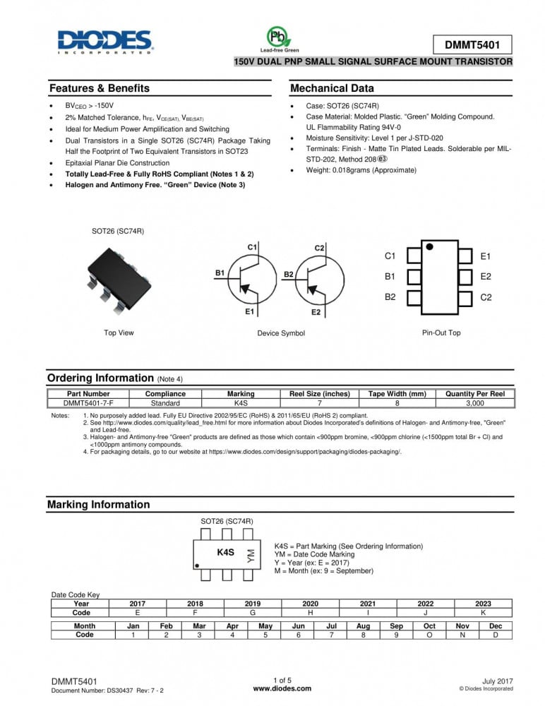 DMMT5401-7-F datasheet page 1