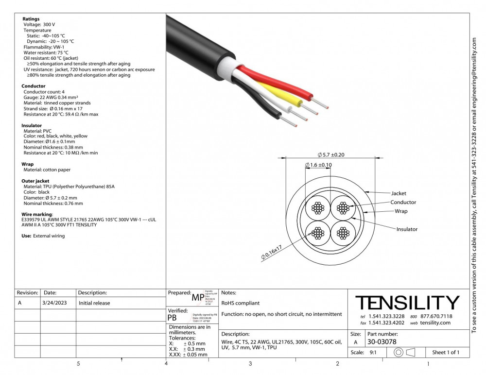 Tensility International 30-03078 cable product drawing