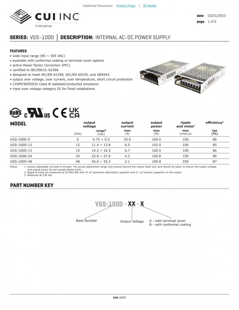 CUI VGS-100D-48-B datasheet page 1