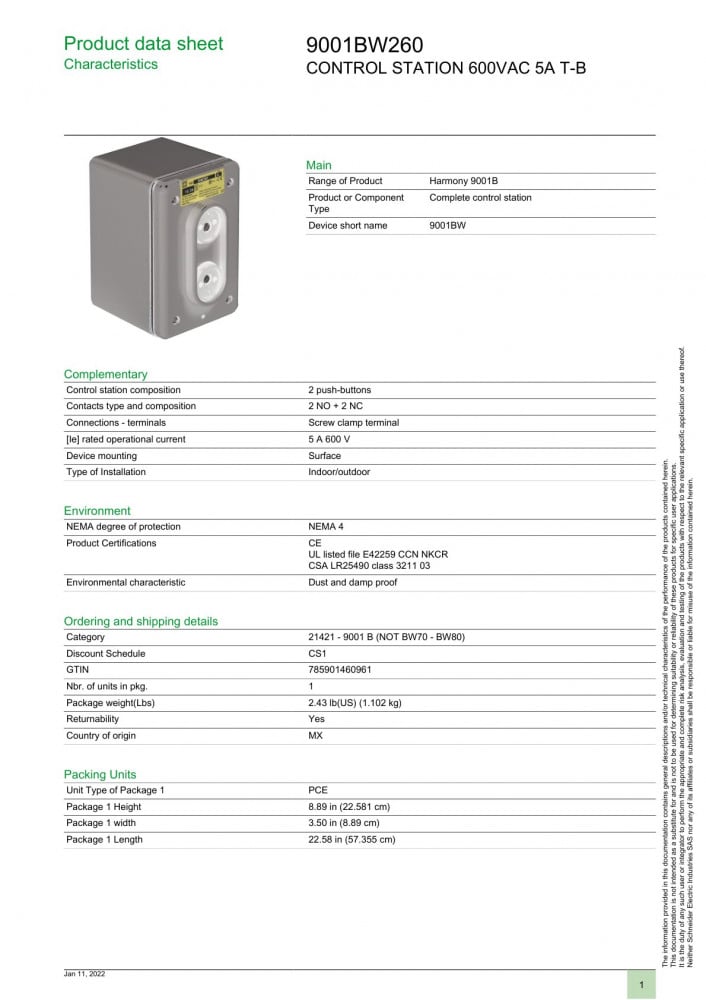 9001BW260 technical document page 1