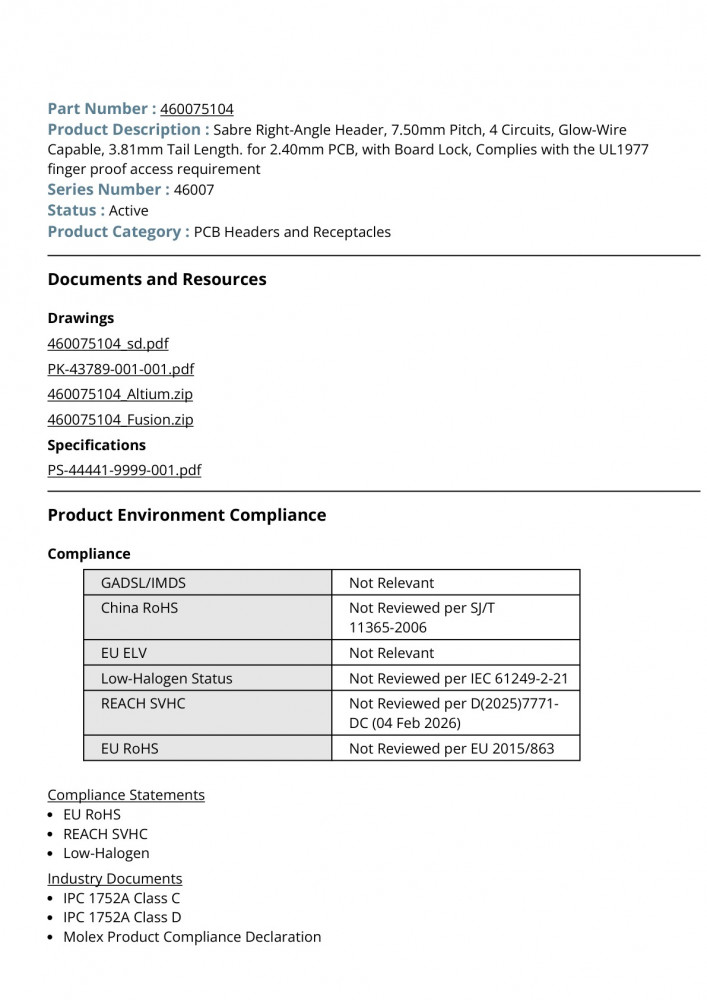 MOLEX 460075104 document preview, page 1