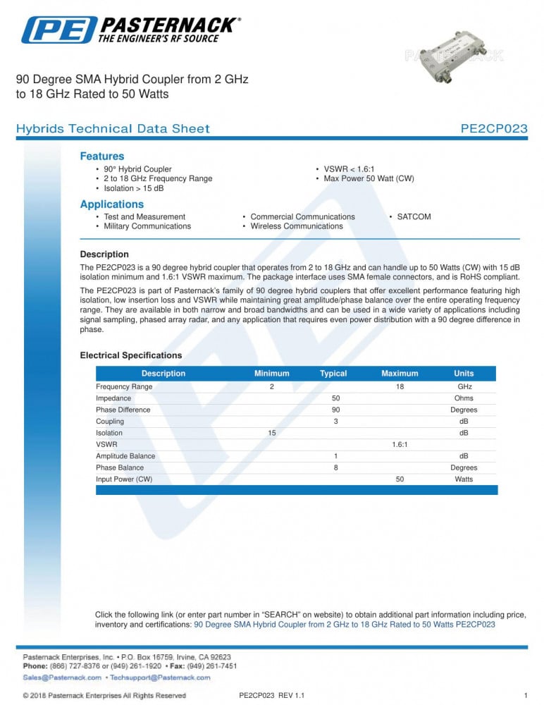 PE2CP023 technical data sheet page 1