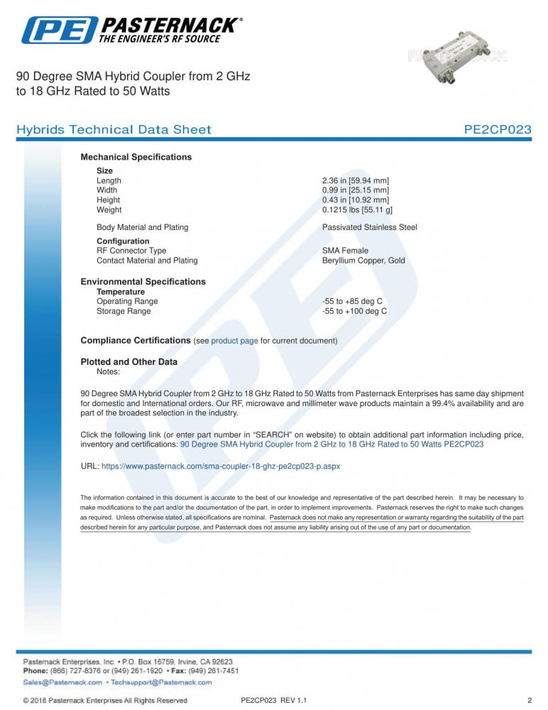 PE2CP023 technical data sheet page 2