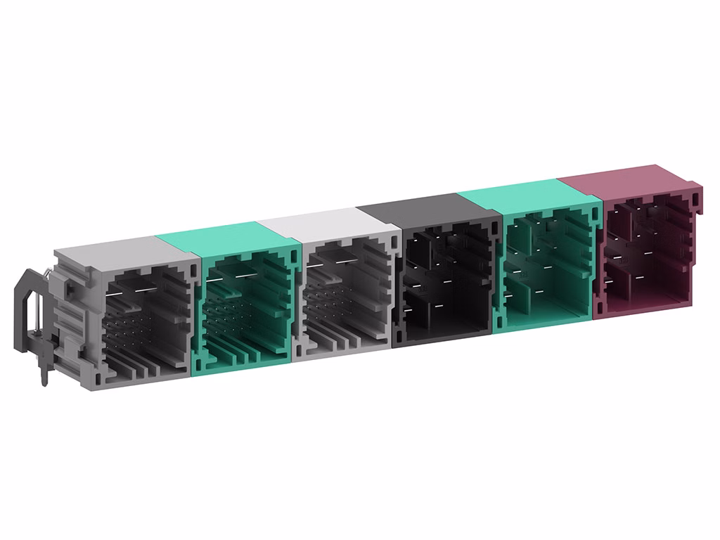 stAK50h 5 Bay Vertical Hybrid Header, 126 Circuits, Bay 1: 12 Circuits/Key 3/Purple; Bay 2: 25 Circuits/Key 2/Gray; Bay 3: 25 Circuits/Key 1/Green; Bay 4: 32 Circuits/Key 2/Blue; Bay 5: 32 Circuits/Key 1/Black; Tube