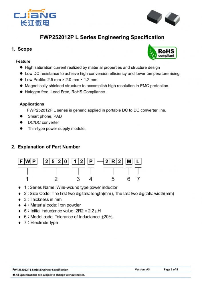FWP252012P L Series datasheet page 1