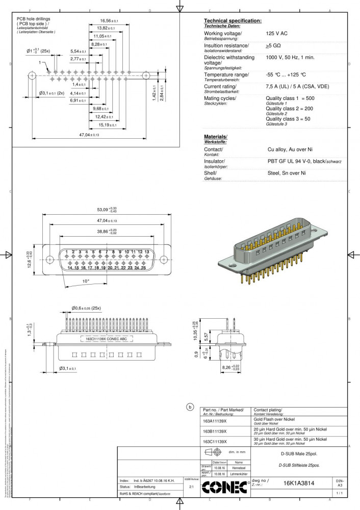 Conec 163A11139X technical drawing and specification sheet