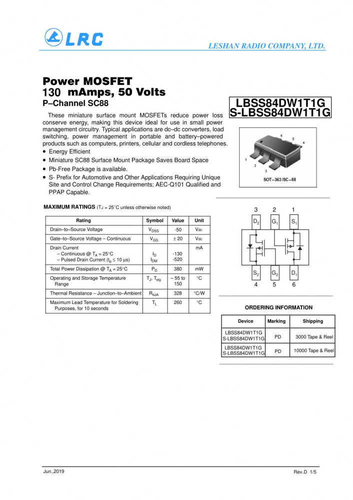 LBSS84DW1T1G datasheet page 1