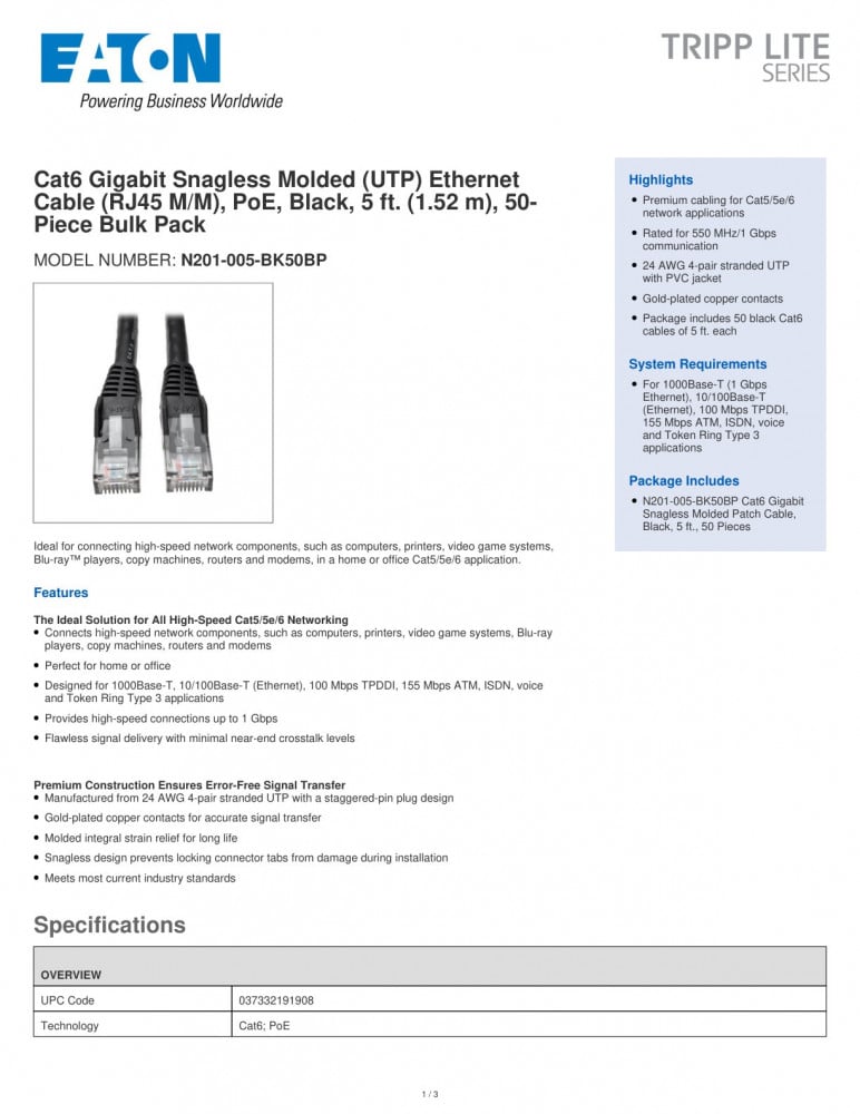 EATON N201-005-BK50BP technical document page 1